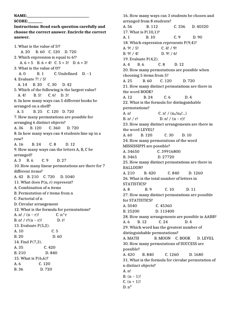 Permutation Multiple Choice Test FIXED | PDF | Permutation | Mathematics