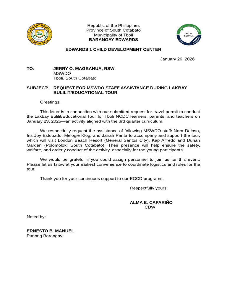 Request for Mswdo Staff Assistance on Lakbay Bulilit | PDF