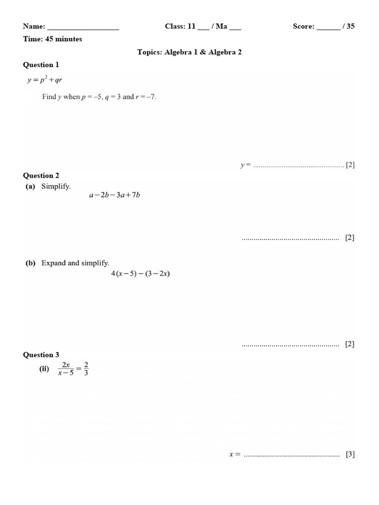 Algebra 1 & 2 Topical Test | PDF
