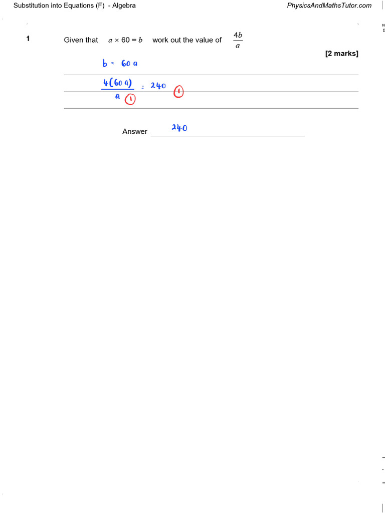 Substitution into Equations (F) MA | PDF | Equations | Algebra