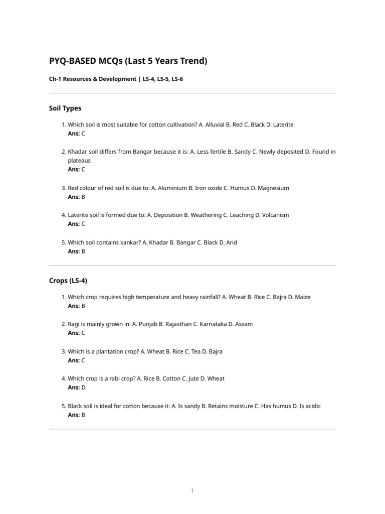Class 10 Geography - Pyq Mcqs (Last 5 Years Trend-Based) | PDF | Soil ...
