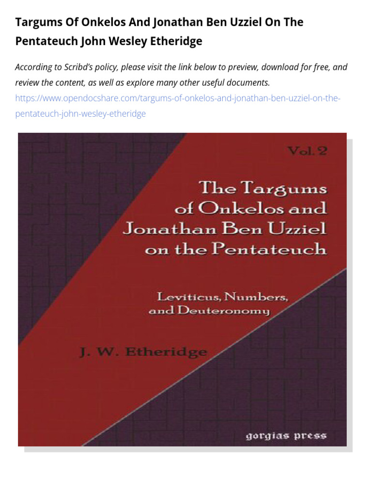 Targums Of Onkelos And Jonathan Ben Uzziel On The Pentateuch John ...