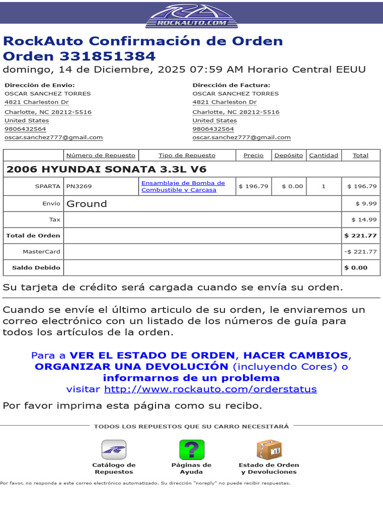 RockAuto Confirmación de Orden para Orden 331851384 | PDF | Tecnología ...