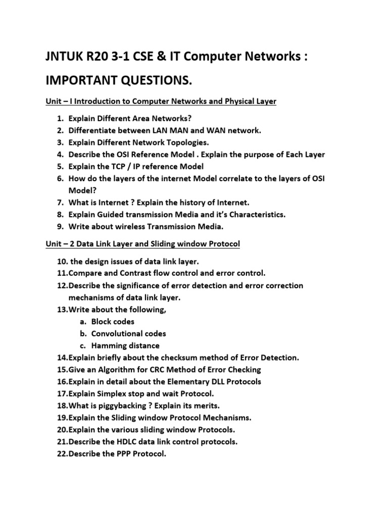Jntuk R20 3-1 CN Imp Questions | PDF | Computer Network | Transmission ...