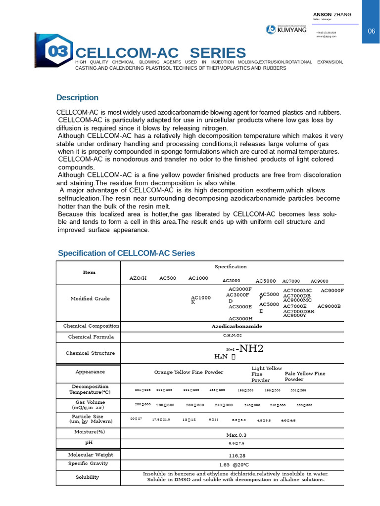 Blowing Agent Kumyang Cellcom AC Series | PDF | Solubility | Gases