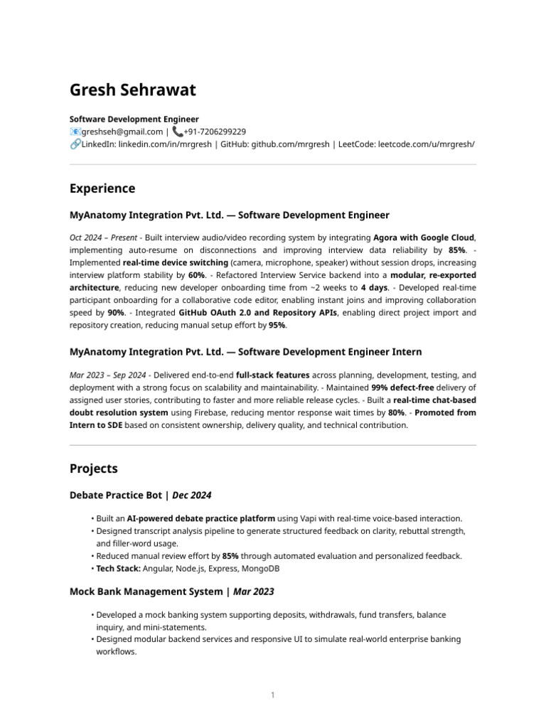 Gresh Sehrawat – Sde Resume (1 Page) | PDF | Software Development ...