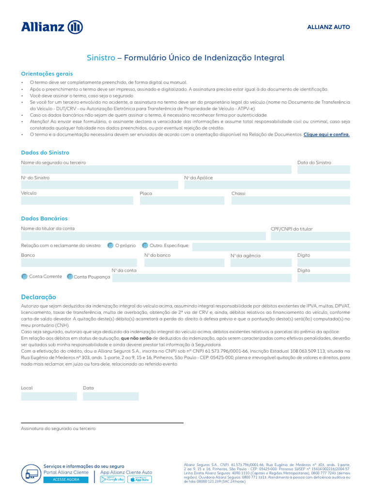 Sinistro-Formulario Unico de Indenizacao Integral | PDF | Indenização ...