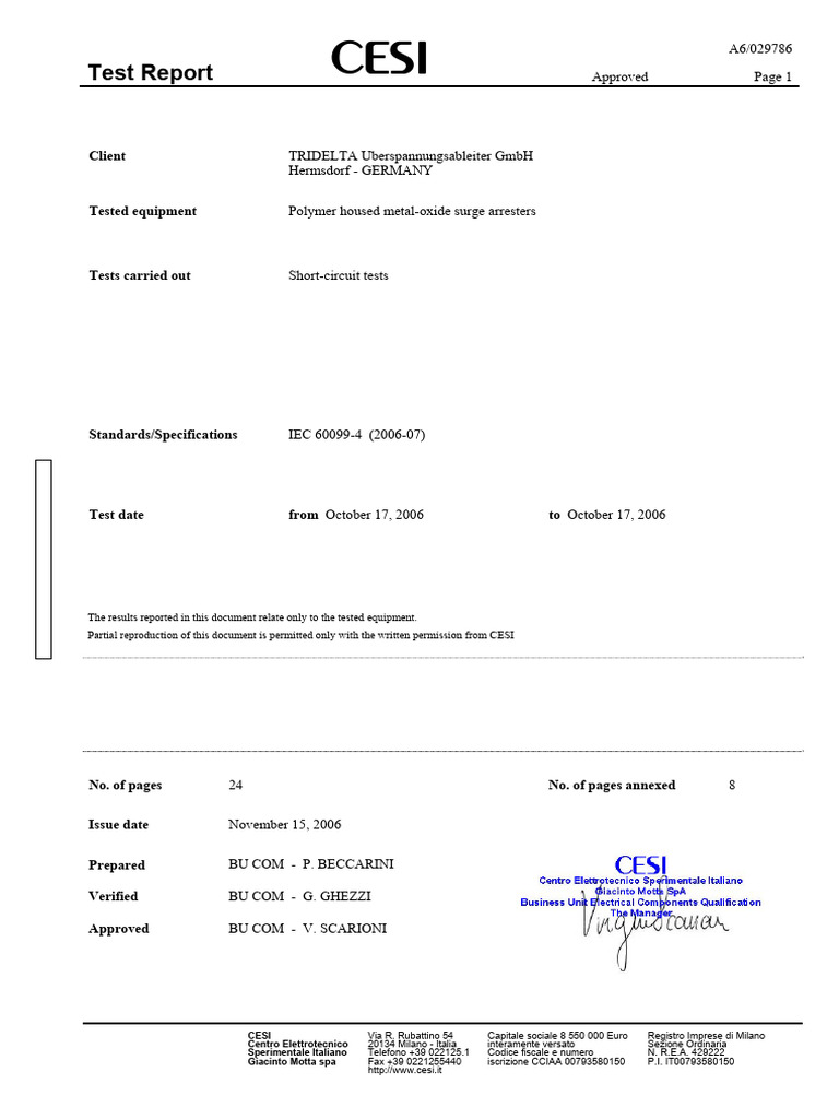 Short circuit test CESI A6029786 blue test report | PDF | Electricity ...