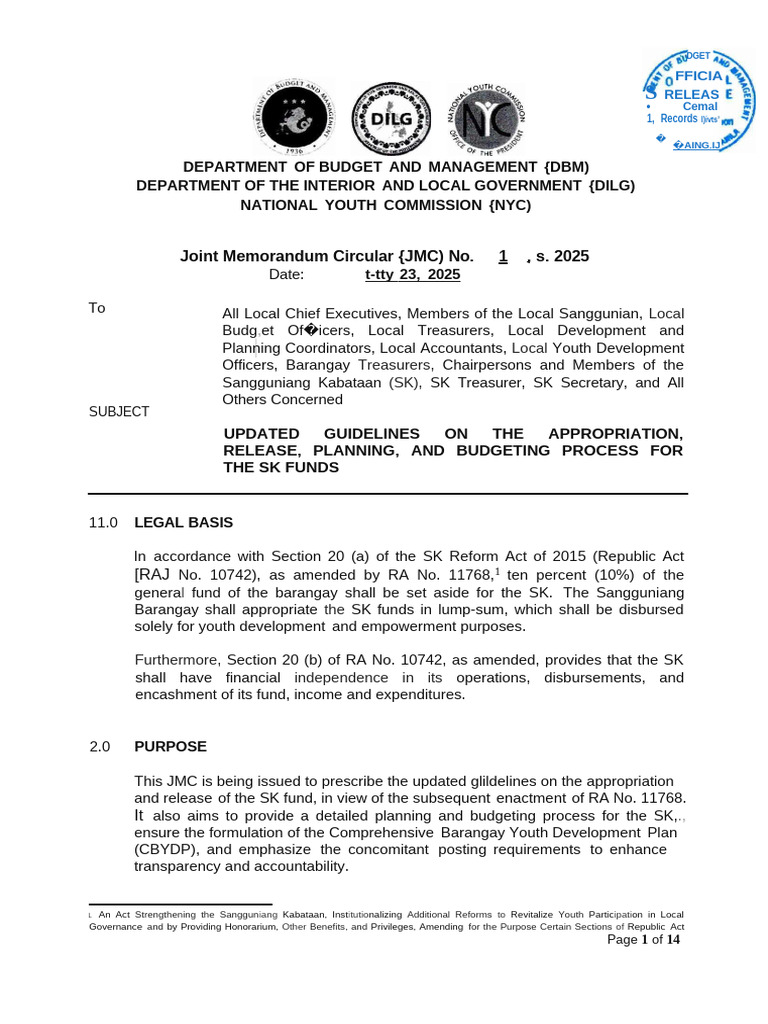 DBM Dilg NYC Joint Memorandum Circular (JMC) No. 1 Dated May 23, 2025 ...
