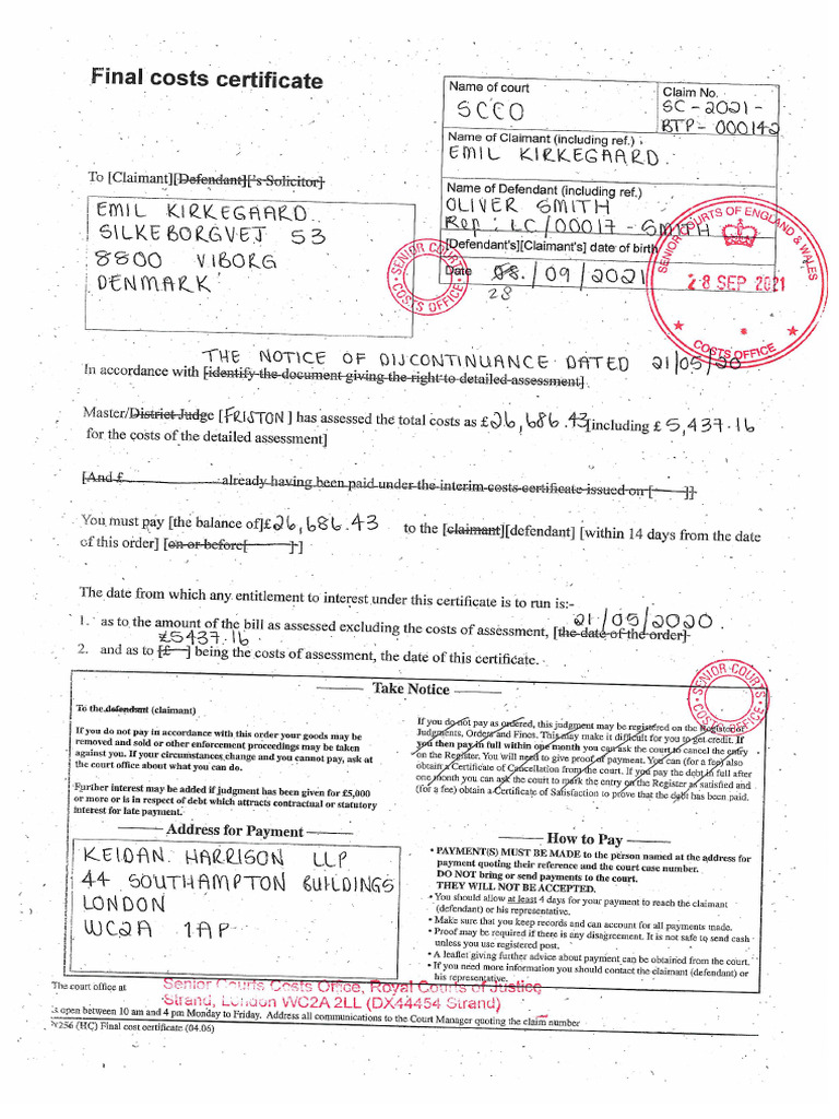 Emil Kirkegaard Final Costs Certificate | PDF