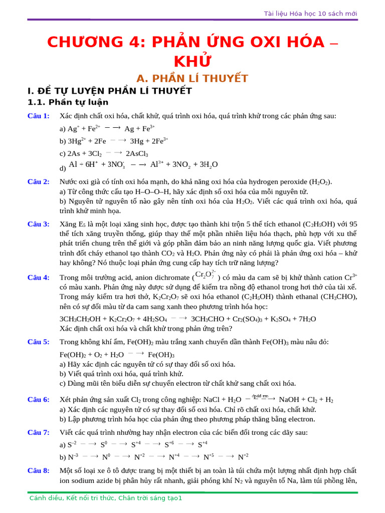 BÀI TẬP CHƯƠNG 4 - PHẢN ỨNG OXI HÓA KHỬ | PDF