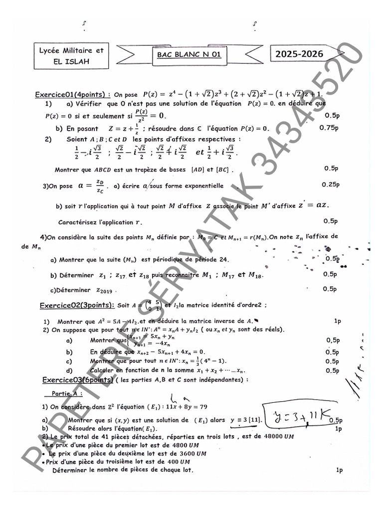 BAC BLANC MATHS 7C LYCÉE MILITAIRE BAC BLANC MATHS 7C E.P ISALH ERRAID ...
