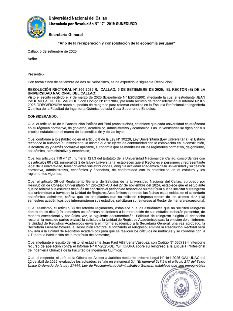 266-25-r Reingreso Excepcional 26-A Villafuerte Vasquez Fiq | PDF | Universidad | Regulación