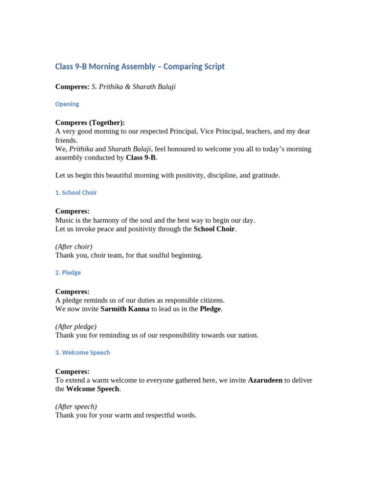 Class 9B Assembly Comparing Script | PDF
