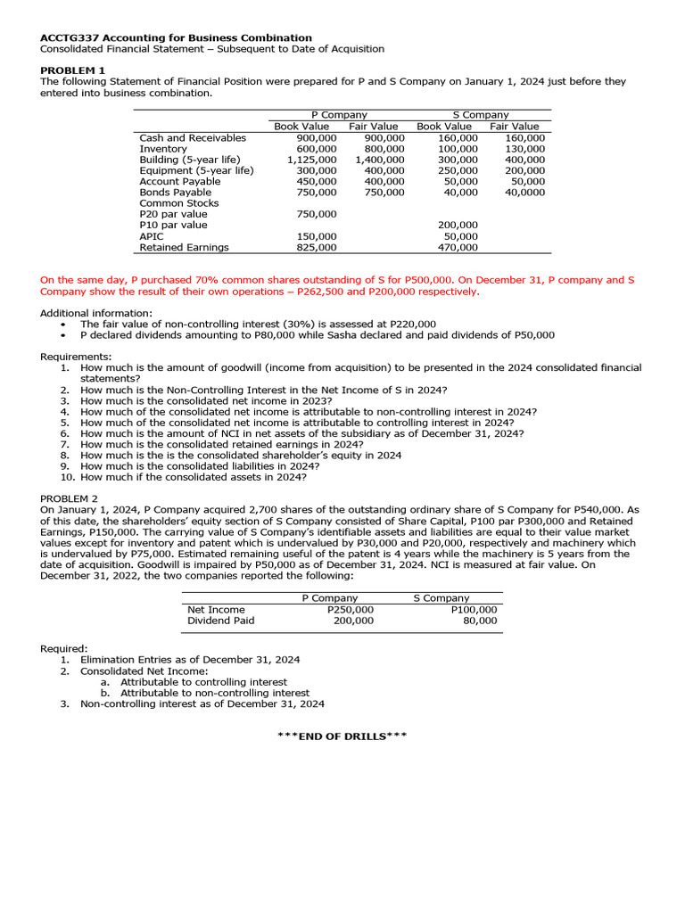 ACCTG337 Drills Conso FS Subsequent | PDF | Book Value | Goodwill ...