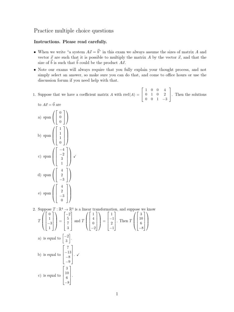 Math 133 MC Solutions | PDF | Linear Subspace | Vector Space