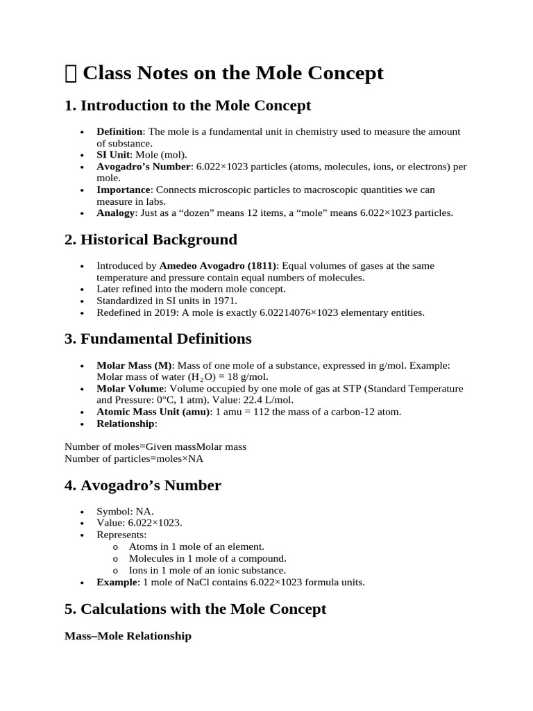 ? Class Notes On The Mole Concept | PDF | Mole (Unit) | Stoichiometry