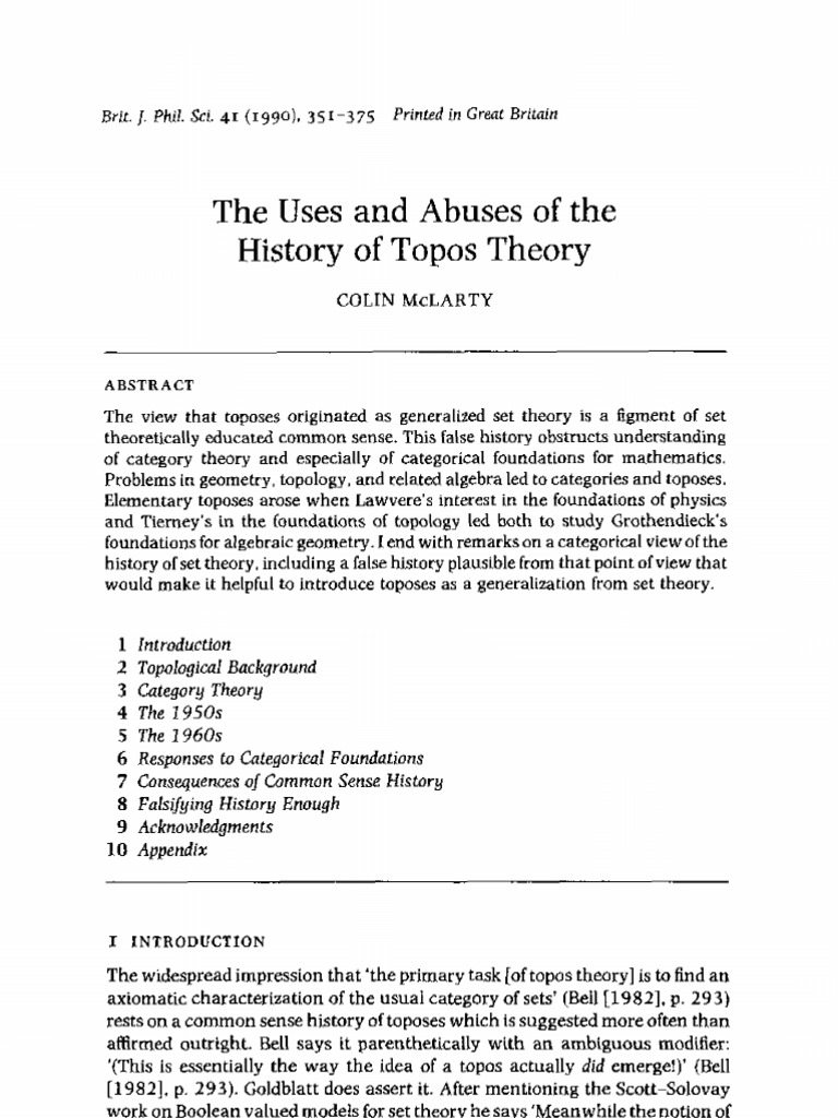 The Uses and Abuses of The History of Topos Theory | PDF | Category Theory | Axiom