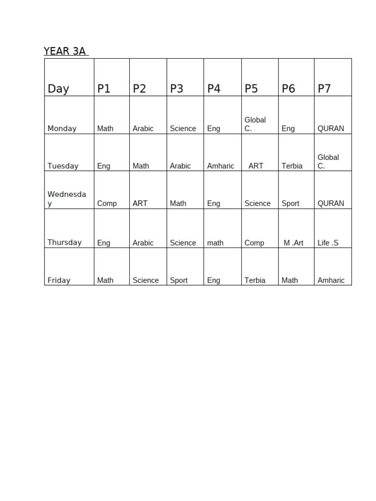 Year 3A Class Schedule (1) | PDF