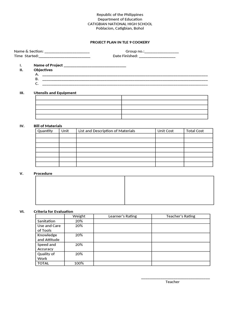 Project Plan Template in Cookery | PDF