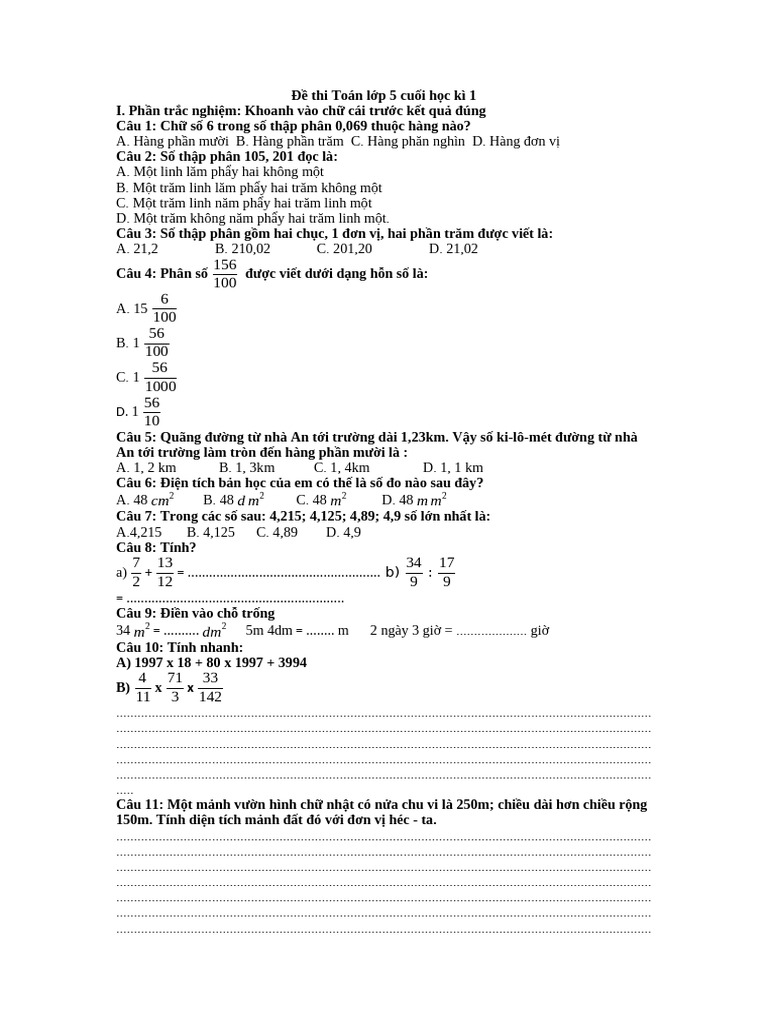 Đề thi Toán lớp 5 cuối học kì 1 | PDF