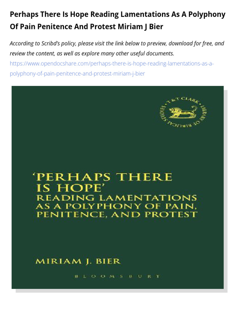 Perhaps There Is Hope Reading Lamentations As A Polyphony Of Pain ...