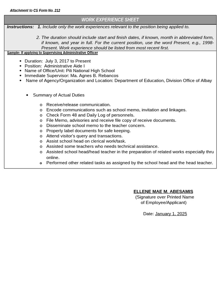 CS Form No. 212 Attachment Work Experience Sheet Template | PDF