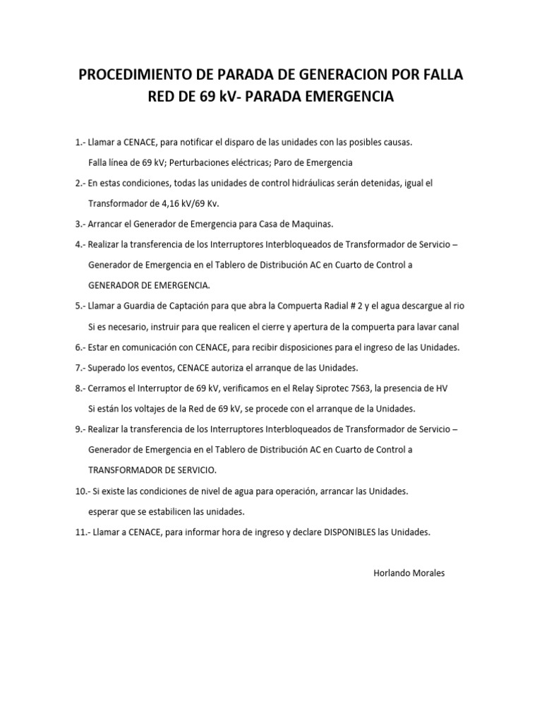 Procedimiento de Parada de Generacion Falla Red 69kv-Emergencia | PDF