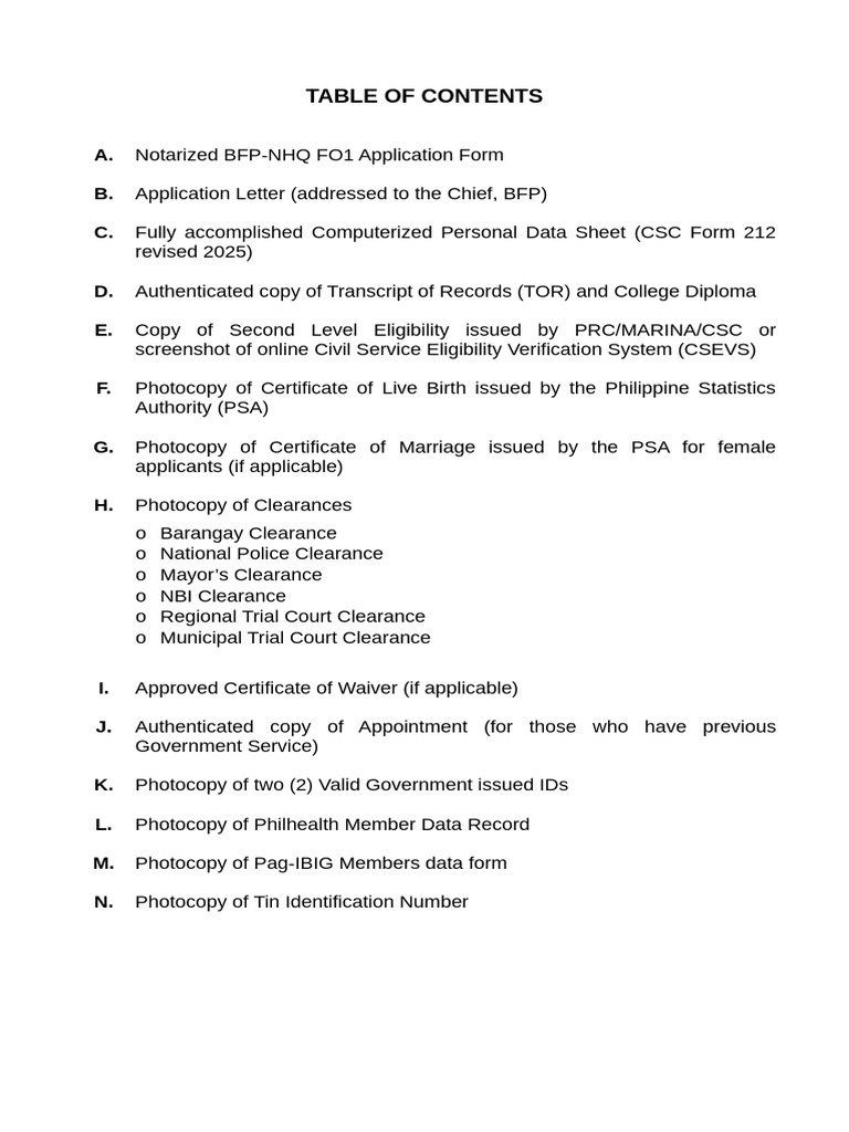 Bfp Table of Contents | PDF