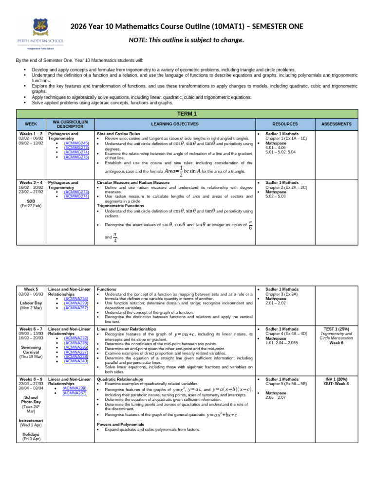2026 Year 10 Mathematics Semester 1 Course Outline | PDF | Trigonometry ...