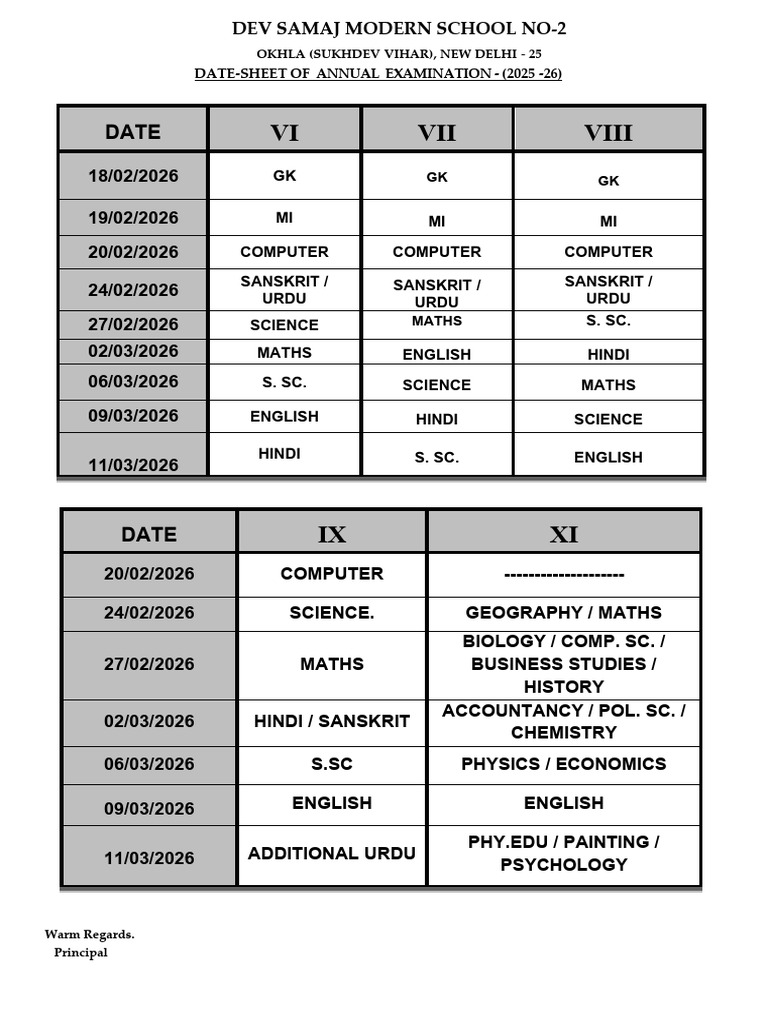 Annual Exam Datesheet (Vi - Vii, Ix, Xi) (2025 - 26) | PDF
