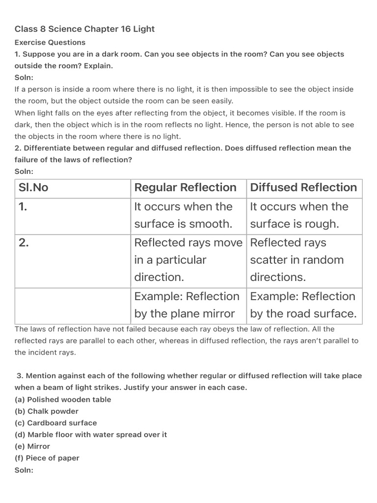 Class 8 Science Chapter 16 Light | PDF | Reflection (Physics) | Mirror