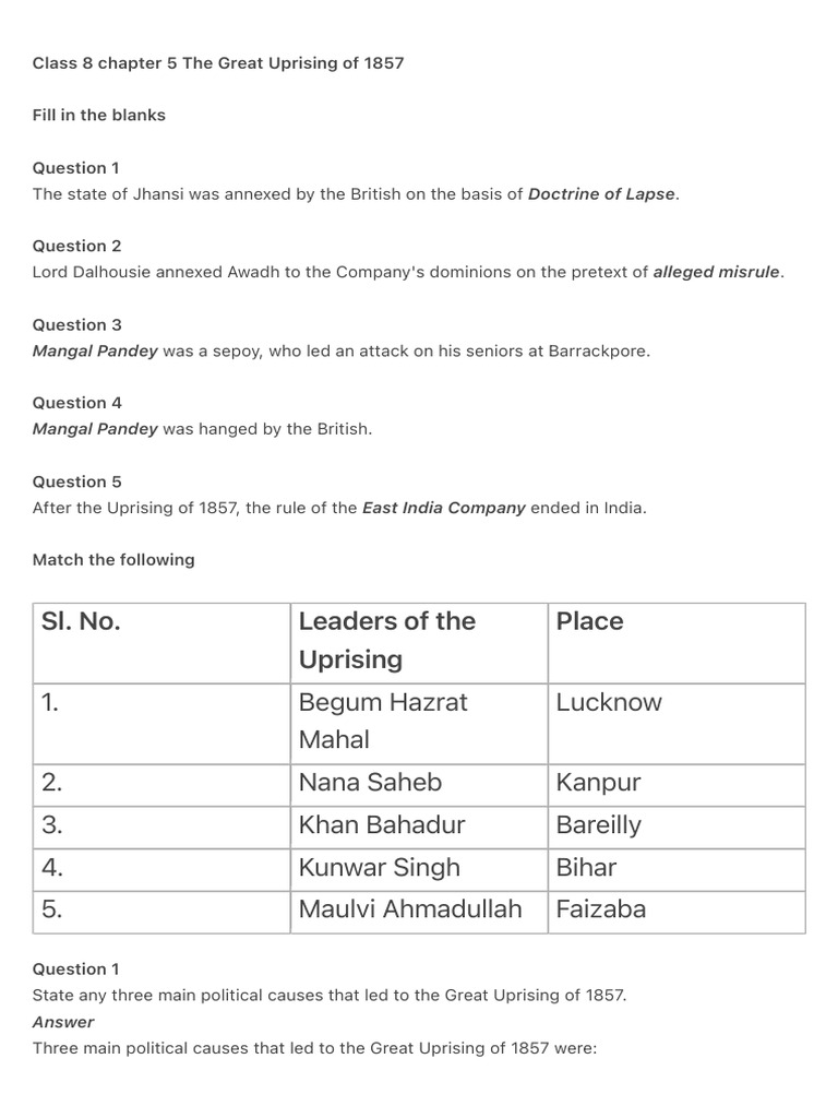 Class 8 Chapter 5 The Great Uprising of 1857 | PDF | Indian Rebellion ...