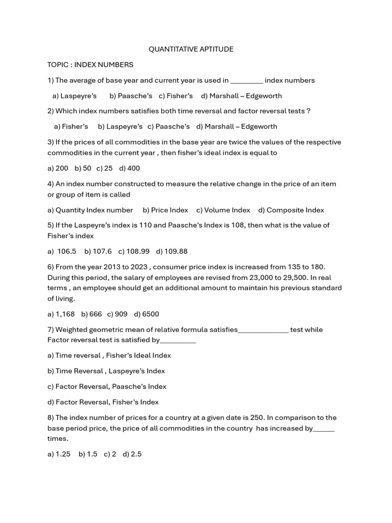 Index Numbers Practice Questions | PDF | Cost Of Living | Index (Economics)