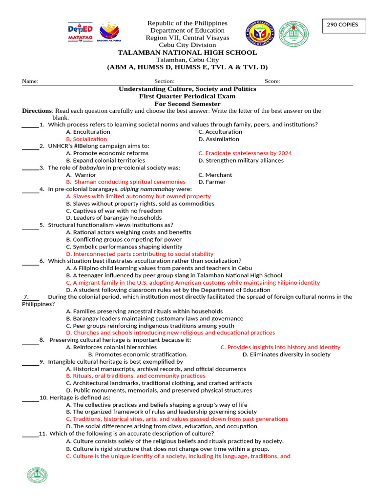 Ucsp First Quarter Exam | PDF | Society | Cultural Heritage