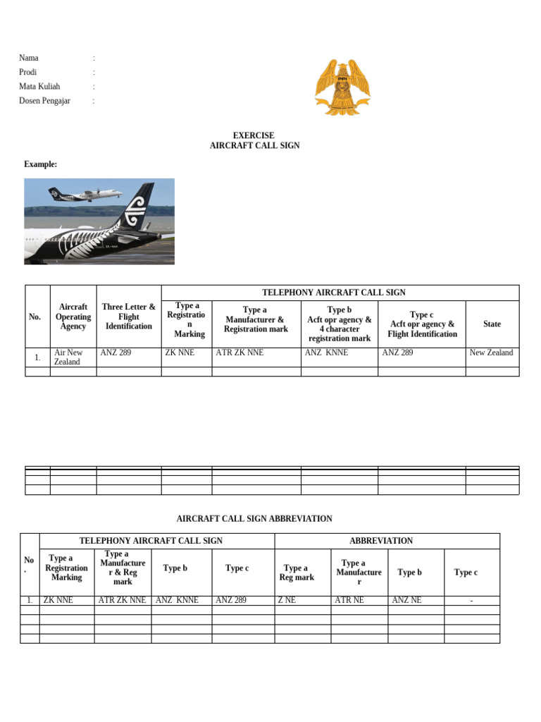 Worksheet Exercise Aircraft Call Sign | PDF