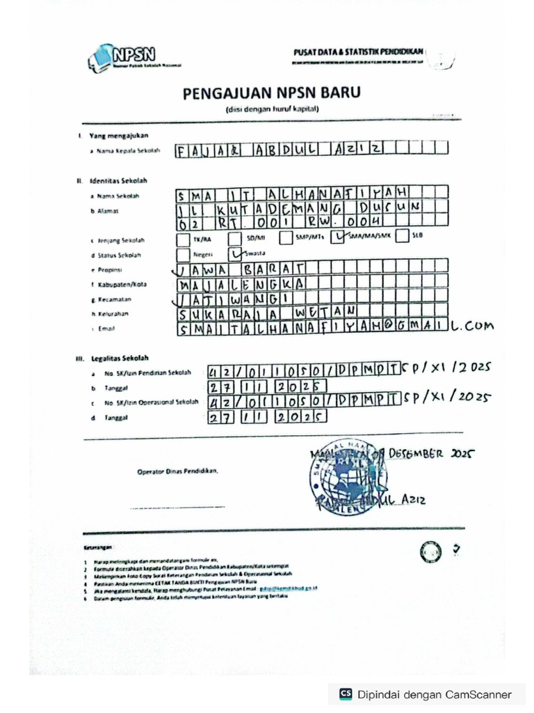 Pengajuan NPSN Baru SMA | PDF