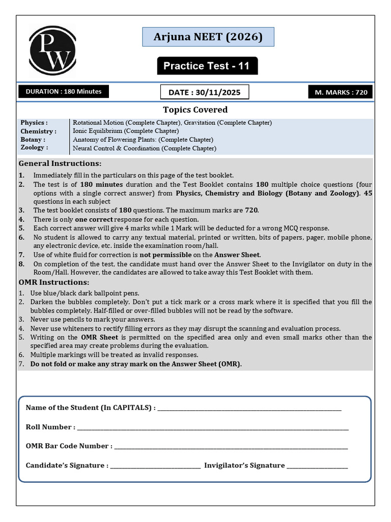 Practice Test 11 Test Paper | PDF | Rotation Around A Fixed Axis | Rotation