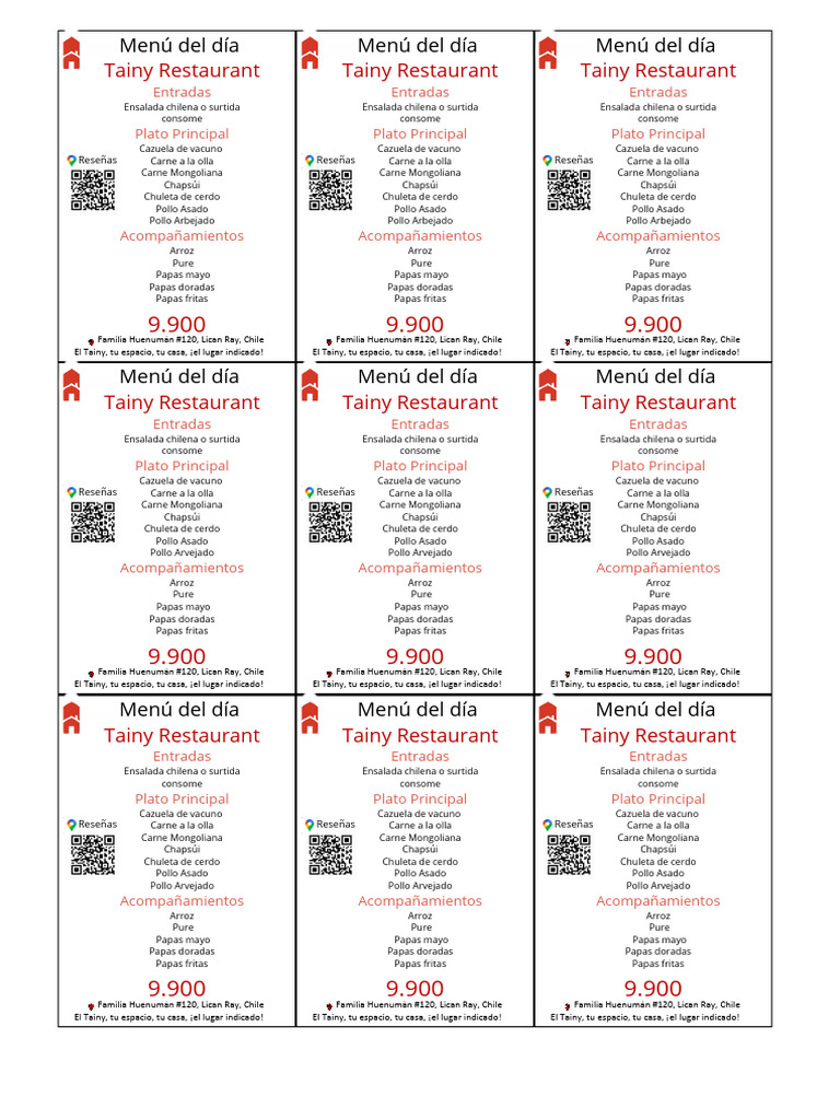 Menú Del Día Tainy Restaurant Entradas Ensalada Chilena o Surtida ...