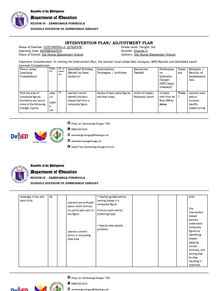1. Intervention Plan MATH QUARTER 3 | PDF | Area | Geometry