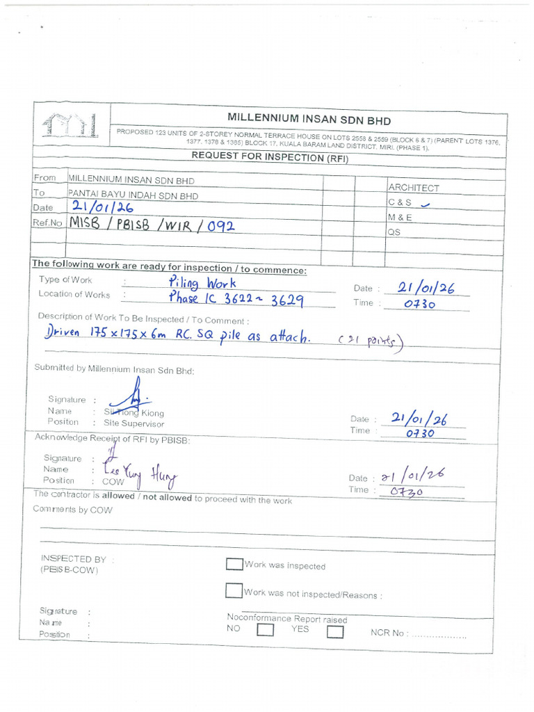 Pilling Inspection & Record 175X175 RC Pile (21.01.2026) | PDF