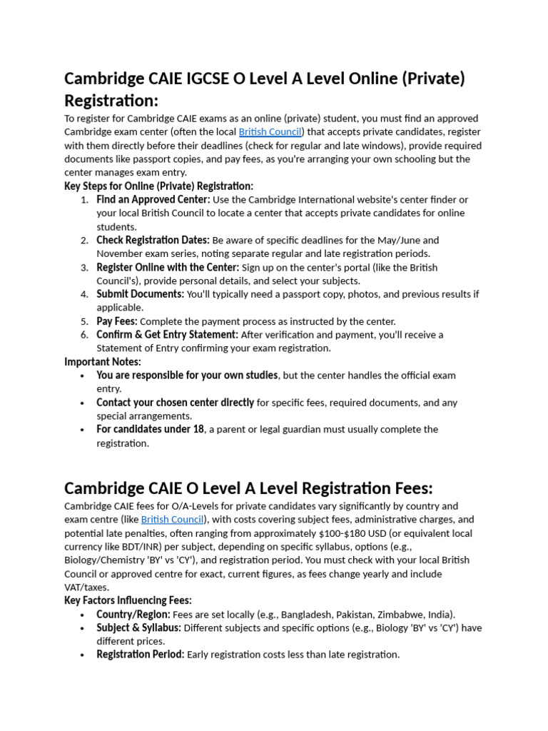 Cambridge CAIE IGCSE O Level A Level Online | PDF | Fee | Payments