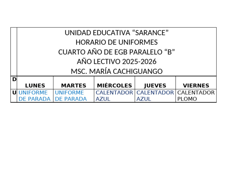 1 Horario Uniformes Cuarto B - 2025-2026 | PDF
