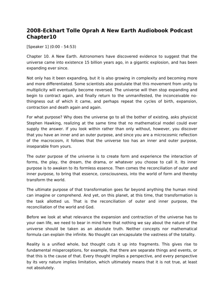2008-Eckhart Tolle Oprah a New Earth Audiobook Podcast Chapter10 | PDF ...