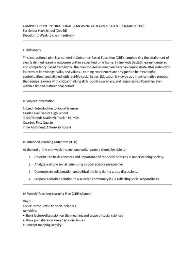 Comprehensive Instructional Plan Obe | PDF | Educational Assessment ...