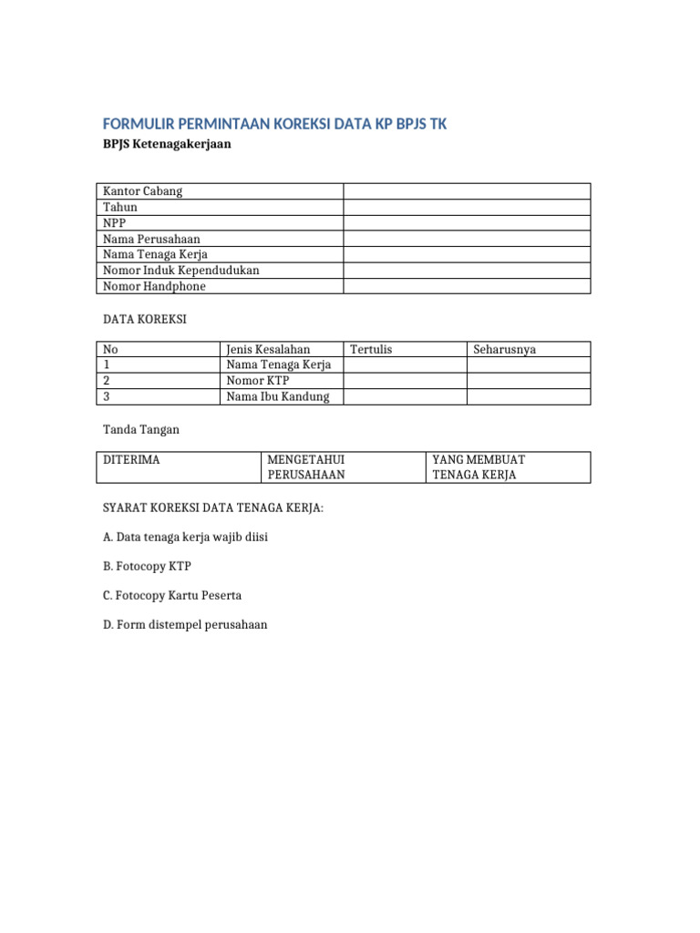 Form Koreksi Data BPJS TK Editable | PDF