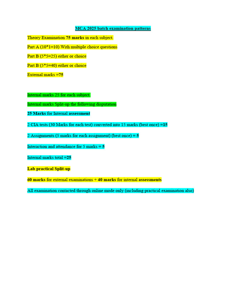 MCA 2025 External Marks and Internal Split-up | PDF