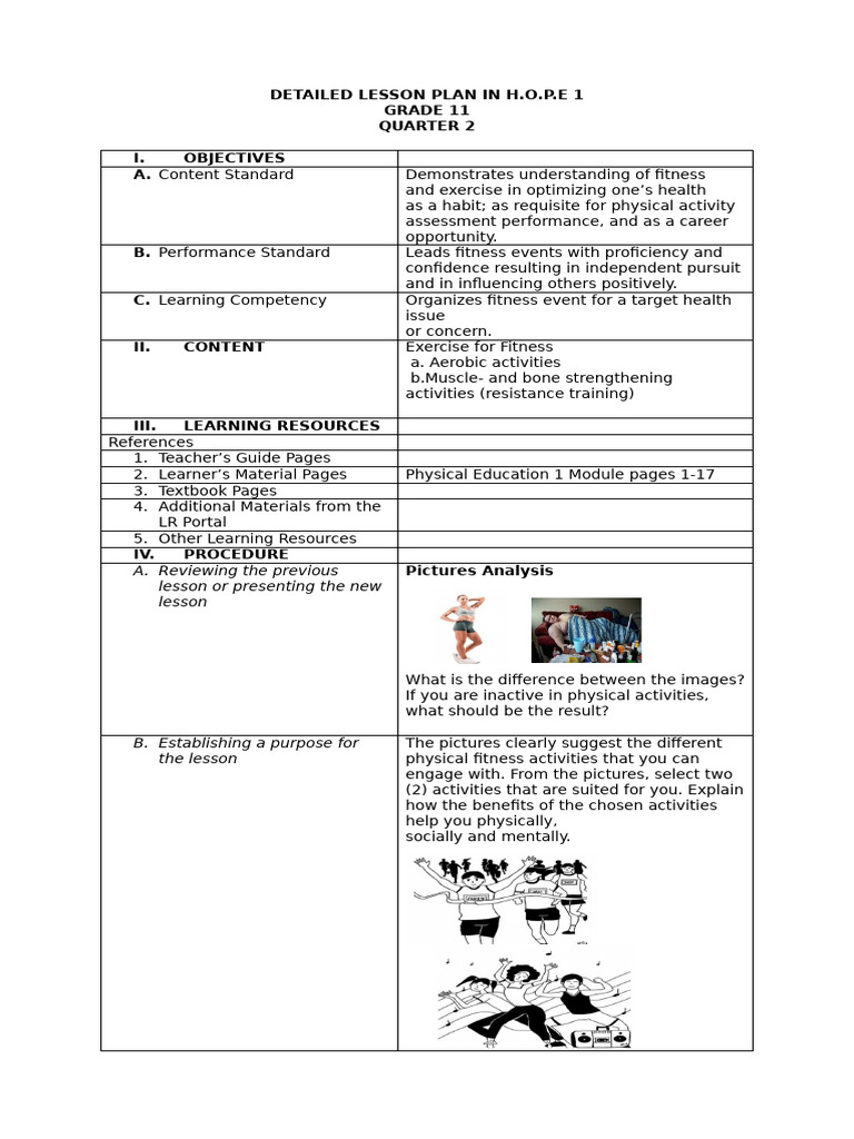 Detailed Lesson Plan in Hope 1 | PDF | Physical Fitness | Cognition