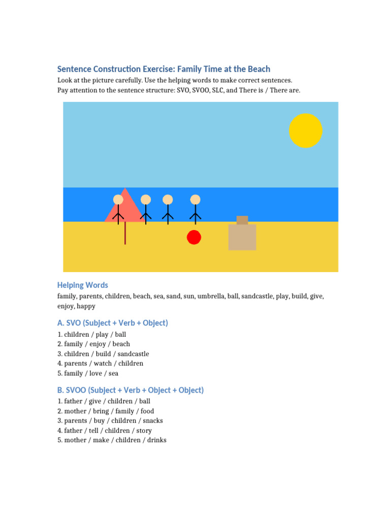 Family Beach Sentence Exercise Attractive | PDF