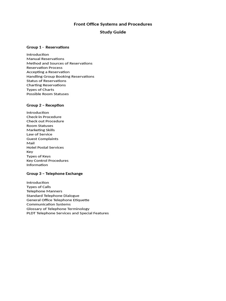 Front Office Systems and Procedures Study Guice | PDF